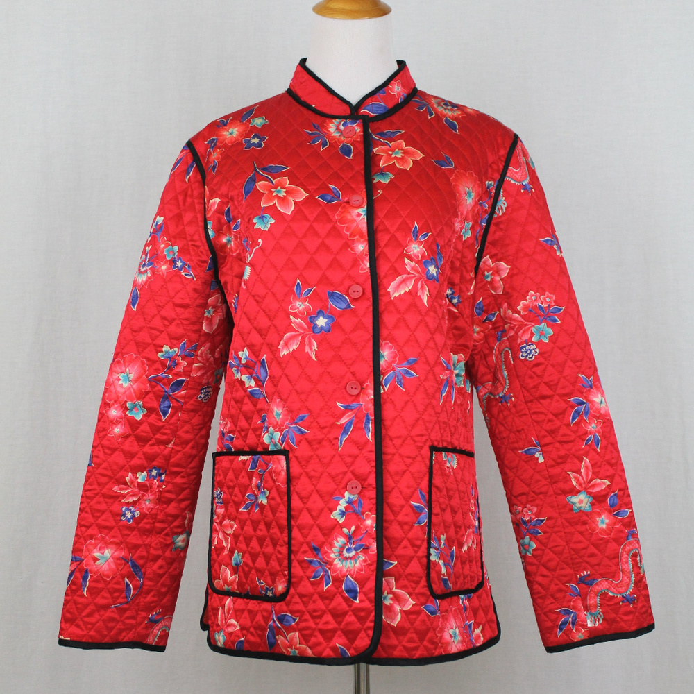 Red Floral Quilted Silk Chinese Coat - Gem
